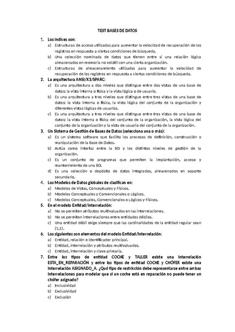 Test Bases De Datos Test Bases De Datos Los índices Son A