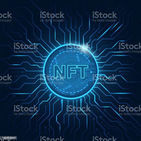 대체 불가능한 토큰 Nft 회로와 기술 배경 Nft 로고 진한 파란색 암호화 통화 개념 Altcoin에 대한 스톡 벡터 아트 및