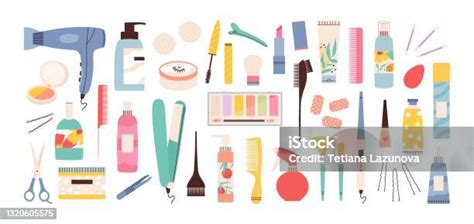 뷰티 살롱 도구 미용사 매니큐어 및 메이크업 장비 헤어 드라이어 가위 빗 및 크림 병 스타일리스트 화장품 벡터 세트 생활필수품에 대한 스톡 벡터 아트 및 기타 이미지