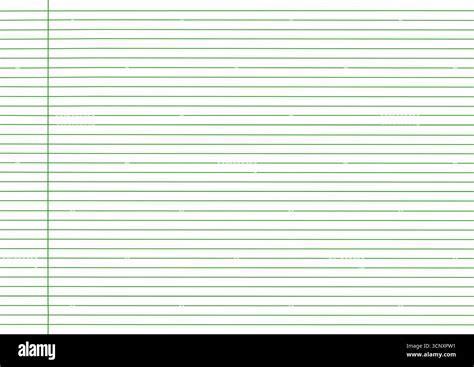 Blank Notebook Paper With Green Horizontal Lines And A Vertical Margin On White Background