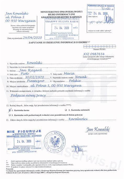 Zaświadczenie o niekaralności 2025 Cena druk online z WizaSerwis pl