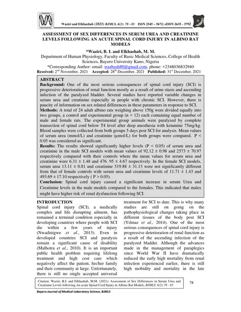 Pdf Assessment Of Sex Differences In Serum Urea And Creatinine Levels