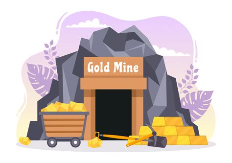 Gold Mine Illustration With Mining Industry Activity For Treasure Pile Of Coins Jewelry And