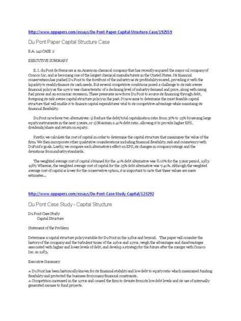 Dupont Case Summary Pdf Capital Structure Debt