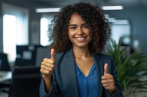 Primer Plano De Una Mujer En El Trabajo Sonriendo Con Un Pulgar Hacia