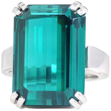 Stunning Huge Blue Green Tourmaline Set Platinum Ring At 1stdibs