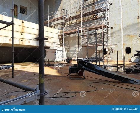 Scaffolding On A Ship In The Cargo Hold At Gdansk Shipyard In Poland