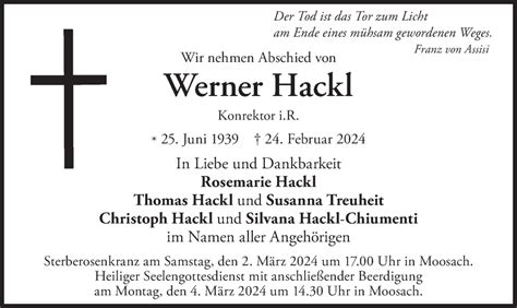 Traueranzeigen Von Werner Hackl Trauer Merkur De