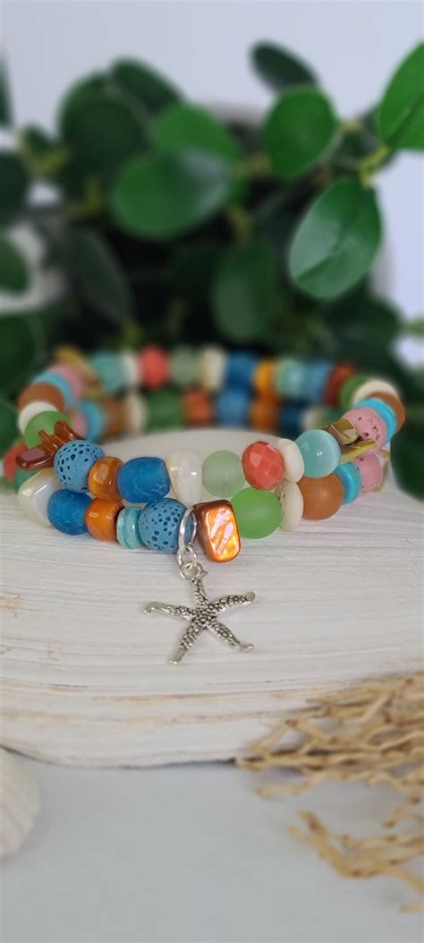 2pcs Colorful Beach Bracelets Sea Glass Jewelry Coastal Bracelets