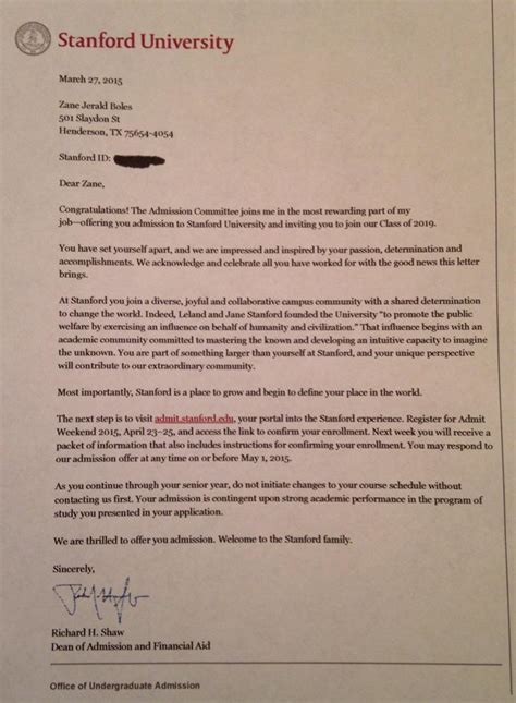 Stanford Acceptance Email