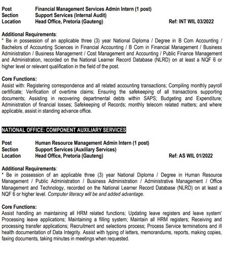 Saps Sasseta Internships Opportunities Closing Dates 30 September