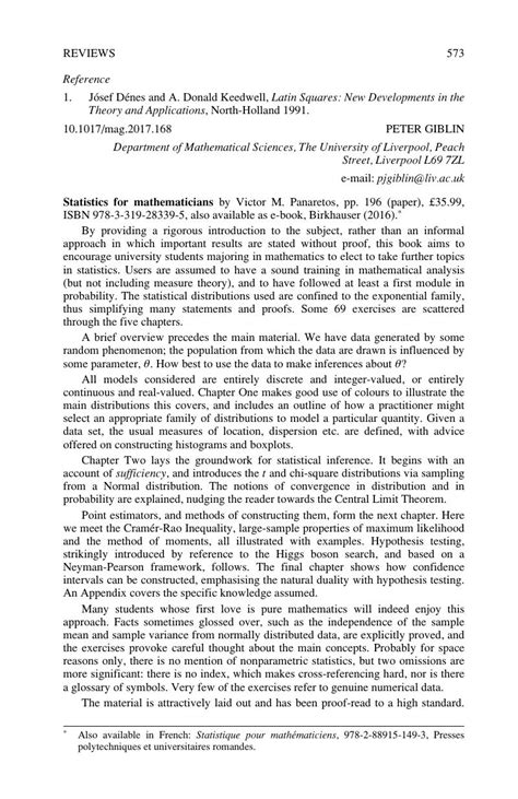Statistics For Mathematicians By Victor M Panaretos Pp 196 Paper