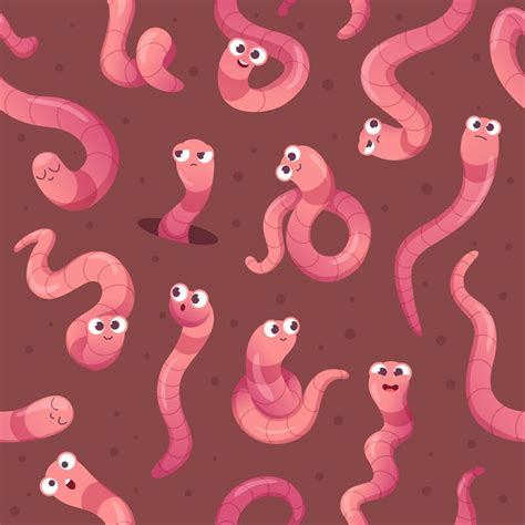 Worms Pattern Crawlers In Action Poses Funny Creeping Insects In Grou