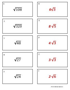 Simplifying Radicals Matching Activity By Math Lab Classroom TPT
