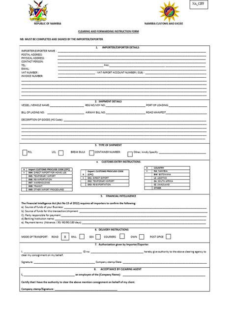 Namibia Customs Clearing Form Pdf Customs Freight Transport
