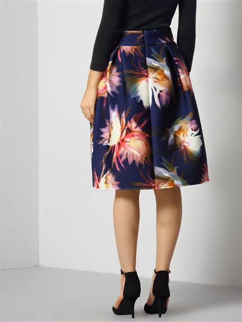 Blue High Waist Floral Flare Skirt SheIn Sheinside
