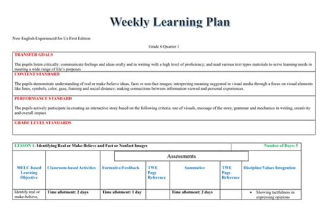 Weekly Plan Grade6 Lesson Plan For Grade 6 Docx