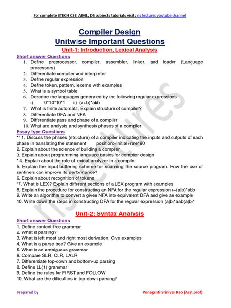 Cd Unitwise Imp Questions Pdf Compiler Parsing