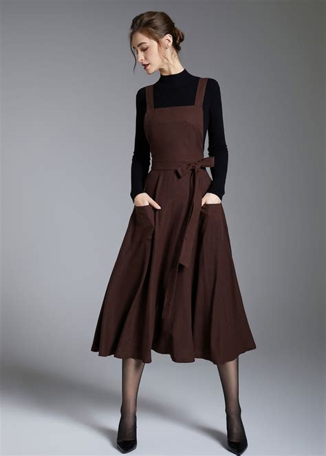 Linen Pinafore Linen Pinafore Dress Brown Linen Midi Dress Womens