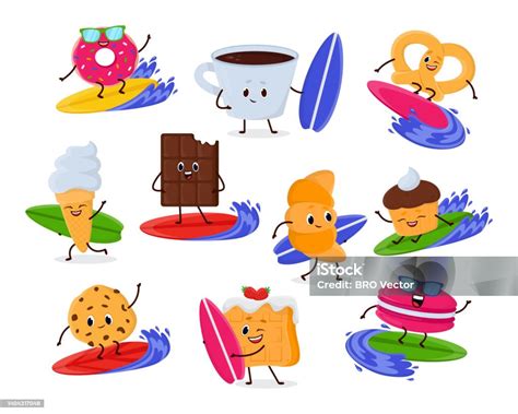 Karakter Makanan Penutup Lucu Di Set Ilustrasi Kartun Papan Selancar