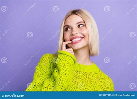 Photo Of Adorable Tricky Lady Wear Green Pullover Finger Mouth Looking