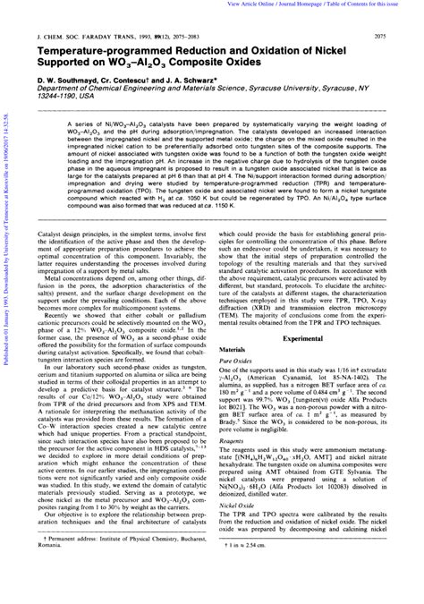 Pdf Temperature Programmed Reduction And Oxidation Of Nickel Supported On Wo3al2o3 Composite