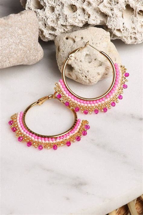 Gold Plated Pink Hand Beaded Hoop Earrings Experience Boutique