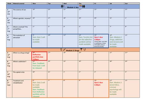 PSYC Full Calendar Week Material Covered Mon Tue Wed Thu Fri Sat Sun Module Sex