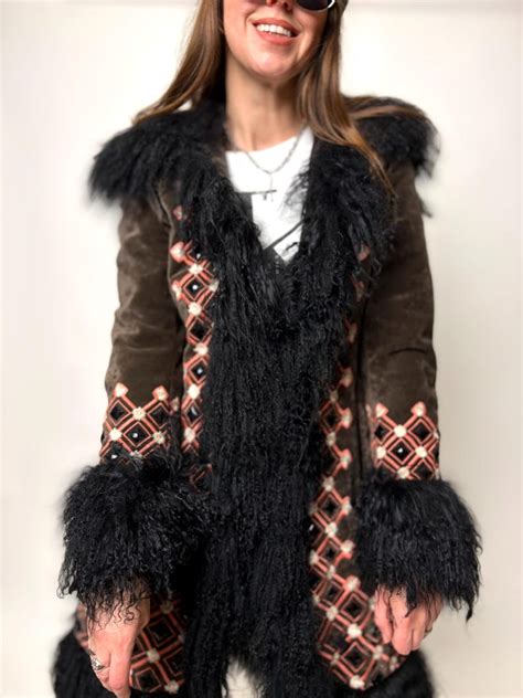 Vintage Penny Lane Coat Brown Embroidered Real Lama Fur Afghan Boho 70s