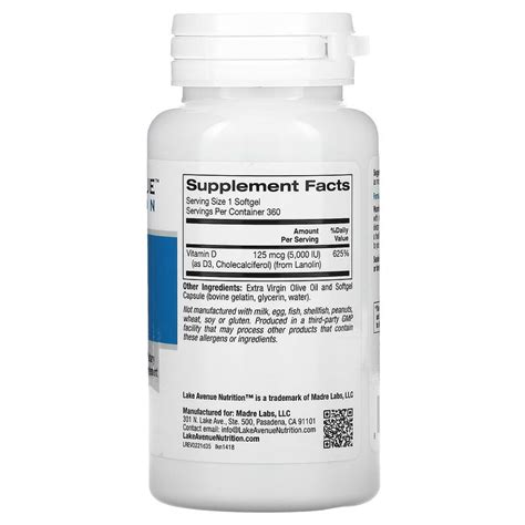 Vitamin D3 125 Mcg Lake Avenue Nutrition 360 Softgels