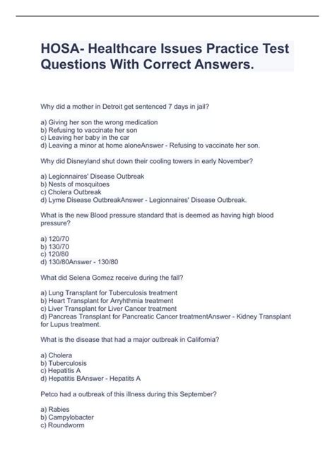 Hosa Healthcare Issues Practice Test Questions With Correct Answers