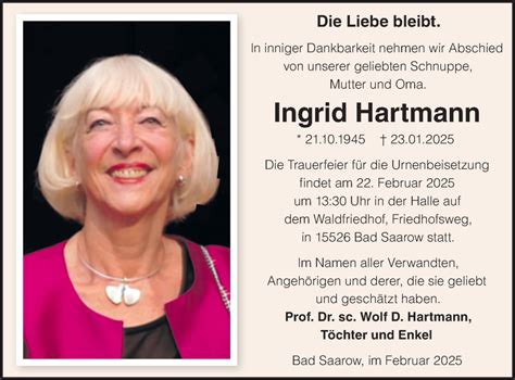 Traueranzeigen Von Ingrid Hartmann Märkische Onlinezeitung Trauerportal