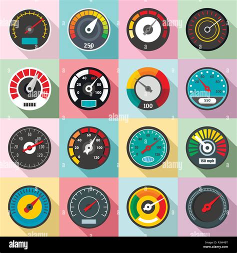 Speedometer level indicator icons set. Flat illustration of 16 speedometer level indicator ...