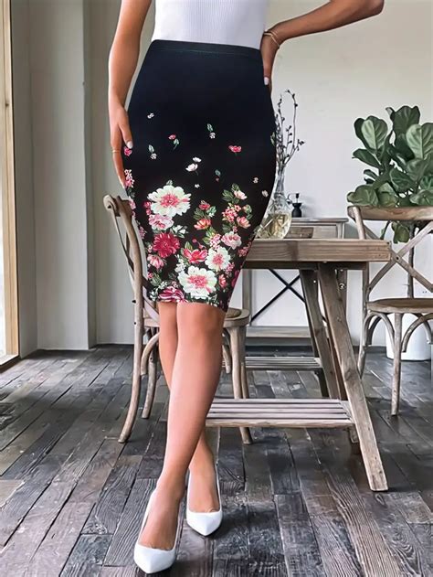 Floral Print High Waist Bodycon Skirt Elegant Knee Length Temu Ireland