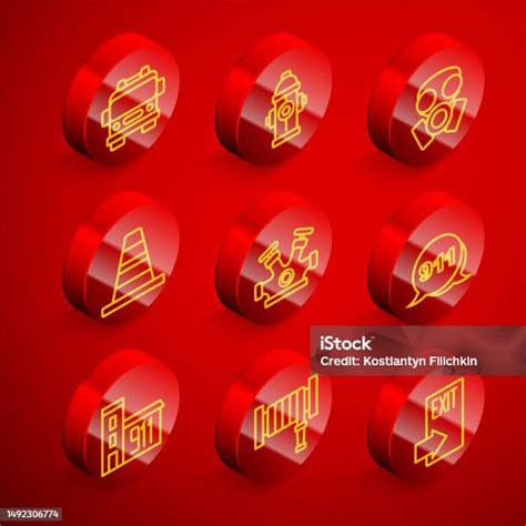 소방차 소화전 방독면 교통 콘 긴급 전화 911 소방서 건물 및 호스 릴 아이콘을 설정합니다 벡터 3차원 형태에 대한 스톡 벡터 아트 및 기타 이미지 Istock