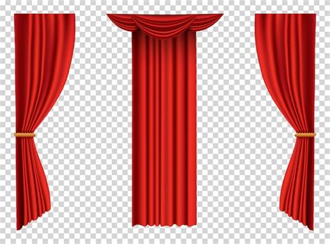 현실적인 빨간 커튼 영화관 또는 오페라 홀을위한 극장 패브릭 실크 장식 커튼 및 커튼 실내 장식 개체 극장 무대에 투명에 격리 프리미엄 벡터