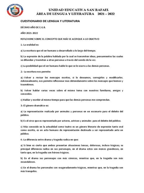 Cuestionario De Lengua Y Literatura 10mo Pdf Asunto Gramática Verbo