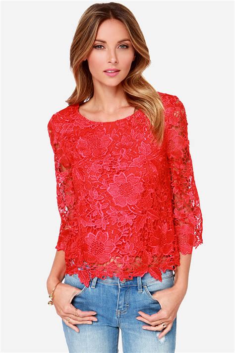 Pretty Red Top Long Sleeve Top Lace Top 3200 Lulus