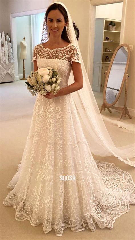 A Line Exquisite Lace Short Sleeves Wedding Dress With Sweep Train