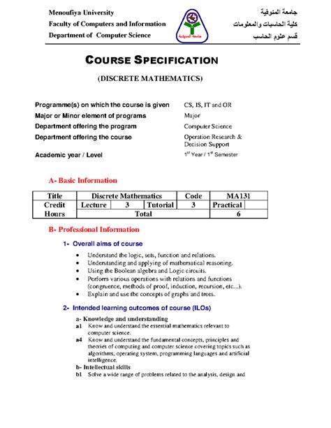 Lecture Notes Course Work Discrete Structure And Discrete Mathmatics