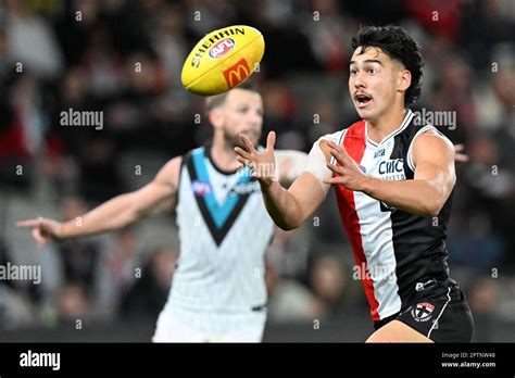 Mitch Owens of St Kilda (right) marks the footy during the AFL Round 7 match between the St ...