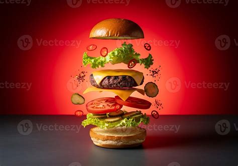 Deconstruido Hamburguesa Con Flotante Ingredientes En Un Rojo