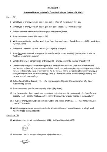 Aqa Combined Science Physics Paper 1 Revision Test Teaching Resources