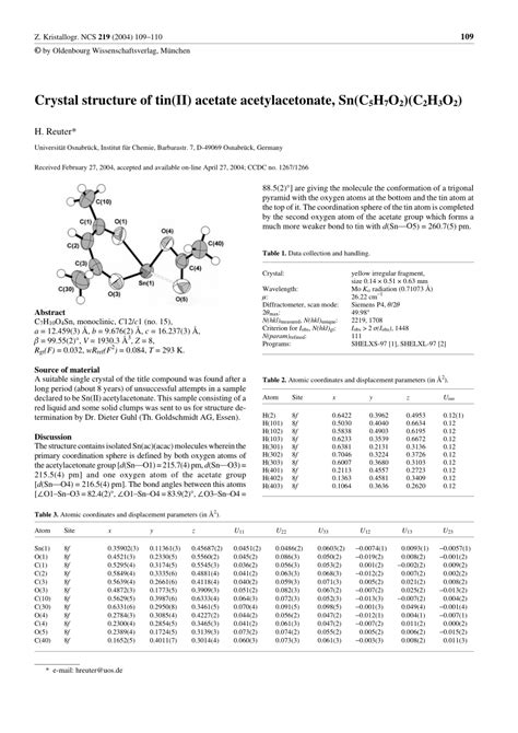 Crystal Structure Of Tinii Acetate Acetylacetonate Snc5h7o2c2h3o2