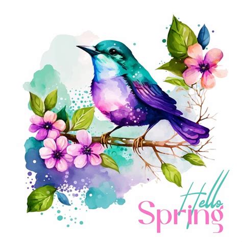 Hola Pájaro De Primavera Pintura En Acuarela Vector Premium
