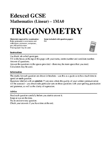 Edexcel Gcse Maths 1ma0 Trigonometry Exam Instructions And Questions