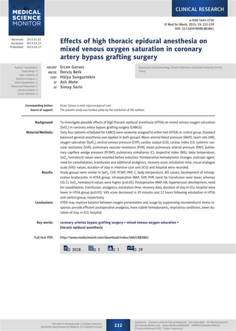 Pdf Effects Of High Thoracic Epidural Anesthesia On Mixed Venous