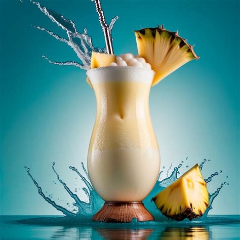 Elegant Glass Cup With Pina Colada Pineapple Slices And Light Blue
