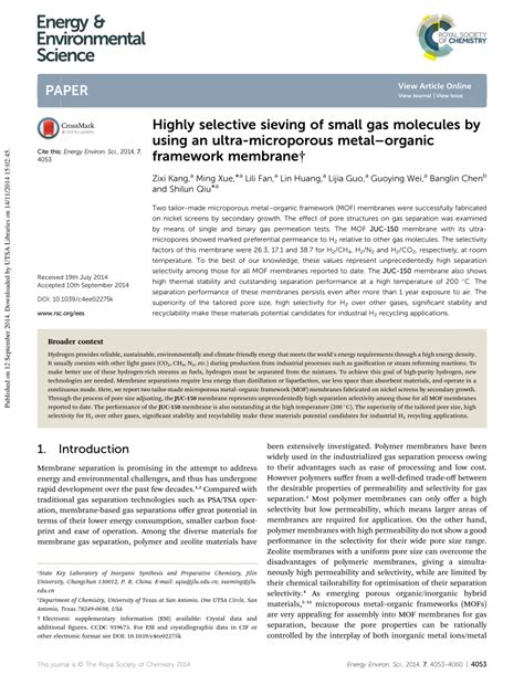 Pdf Highly Selective Sieving Of Small Gas Molecules By An Ultra
