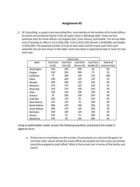 Assignment 3 Homework Solutions Assignment 1 Sc Consulting A Supply Chain Consulting Firm